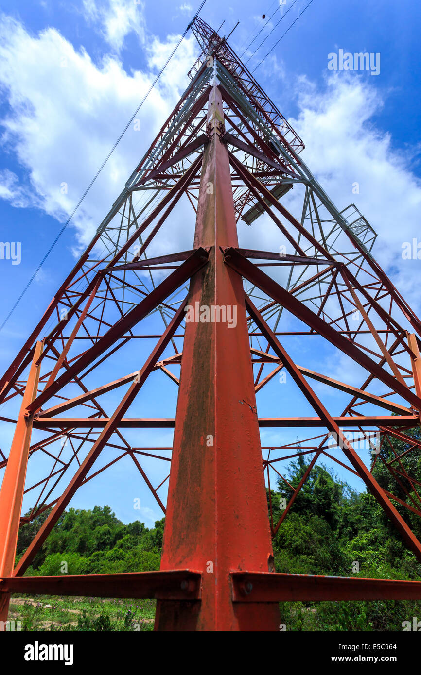 Super wide angle photograph of Electricity pylon with blue sky Stock ...