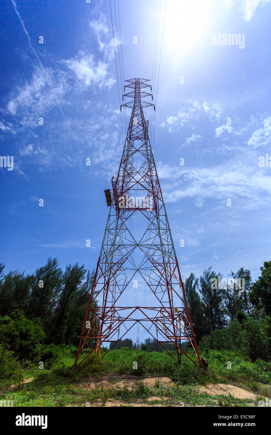 Super wide angle photograph of Electricity pylon with blue sky and sun ...