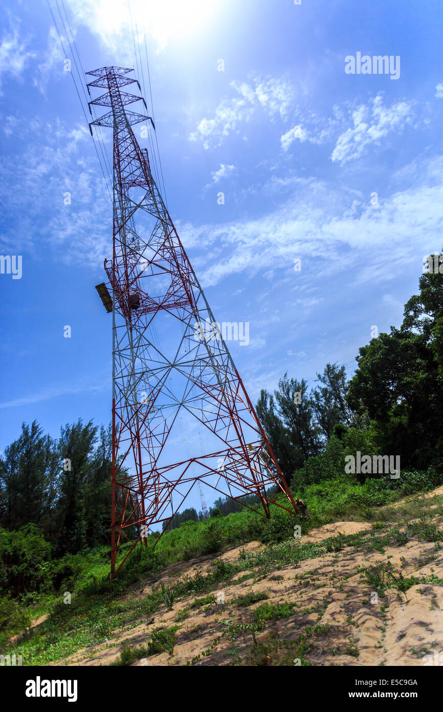 Super wide angle photograph of Electricity pylon with blue sky and sun ...