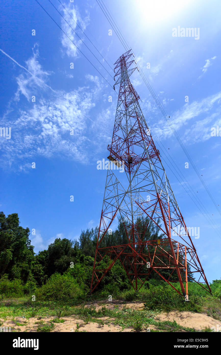 Super wide angle photograph of Electricity pylon with blue sky and sun ...