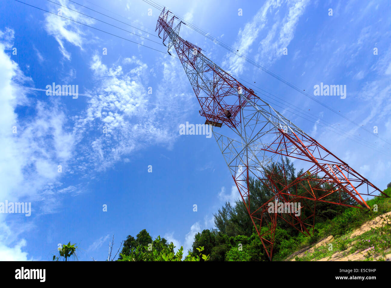 Super wide angle photograph of Electricity pylon with blue sky and ...