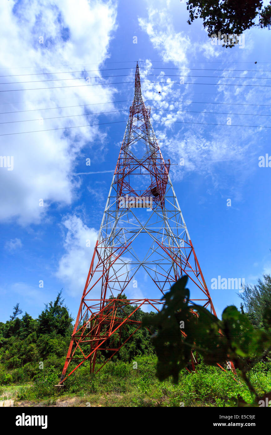 Super wide angle photograph of Electricity pylon with blue sky and ...