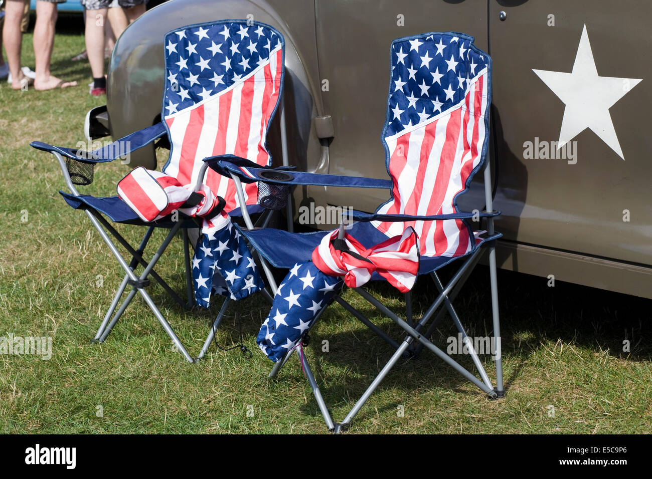 Folding chairs decorated with the Flag of the United States of America ...