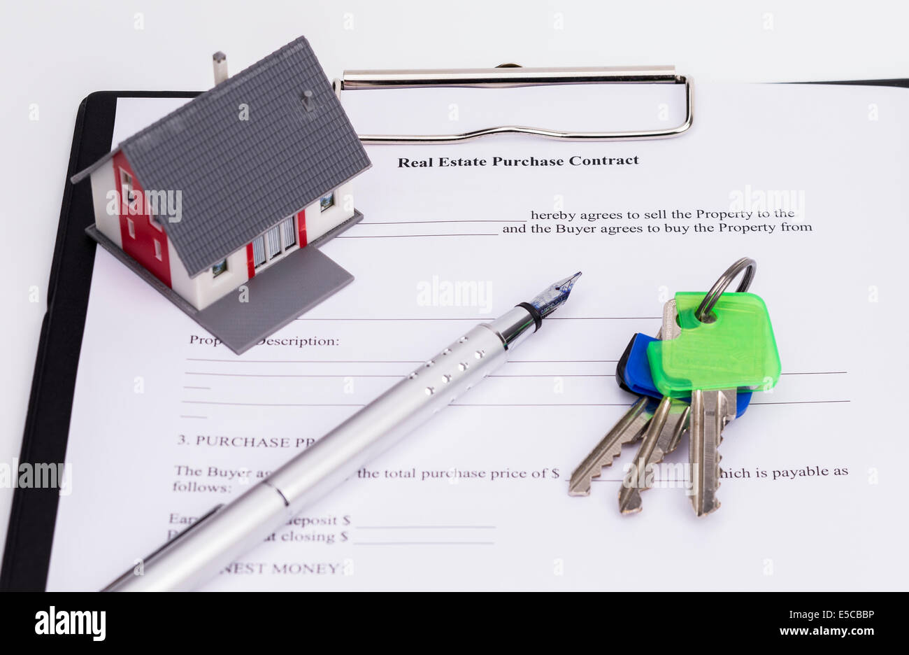 Real estate contract with house, pen and keys, isolated on white ...