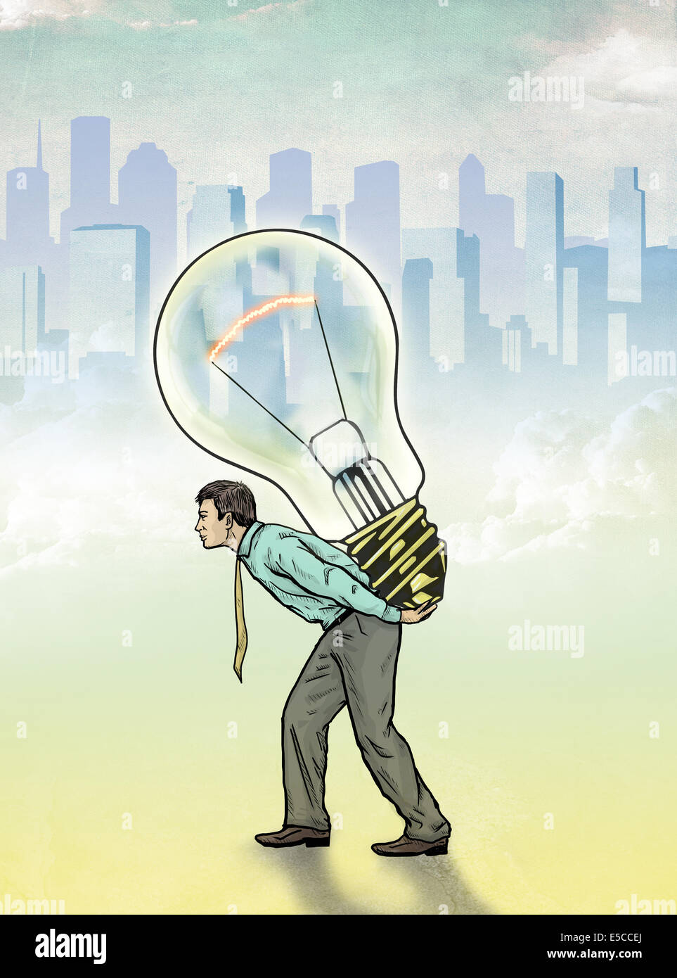 Illustrative image of businessman carrying light bulb representing ...