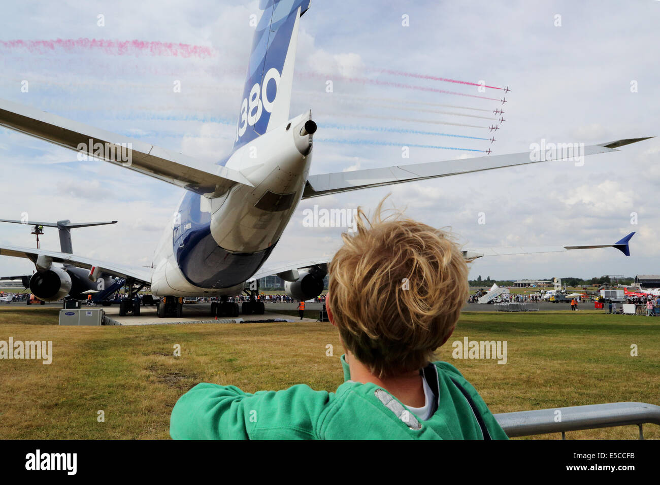 The Red Arrows aerobatics display team flying and airbus A380 ...