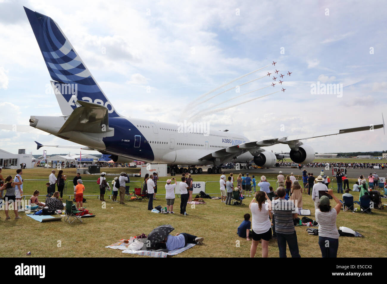 The Red Arrows aerobatics display team flying and airbus A380 ...