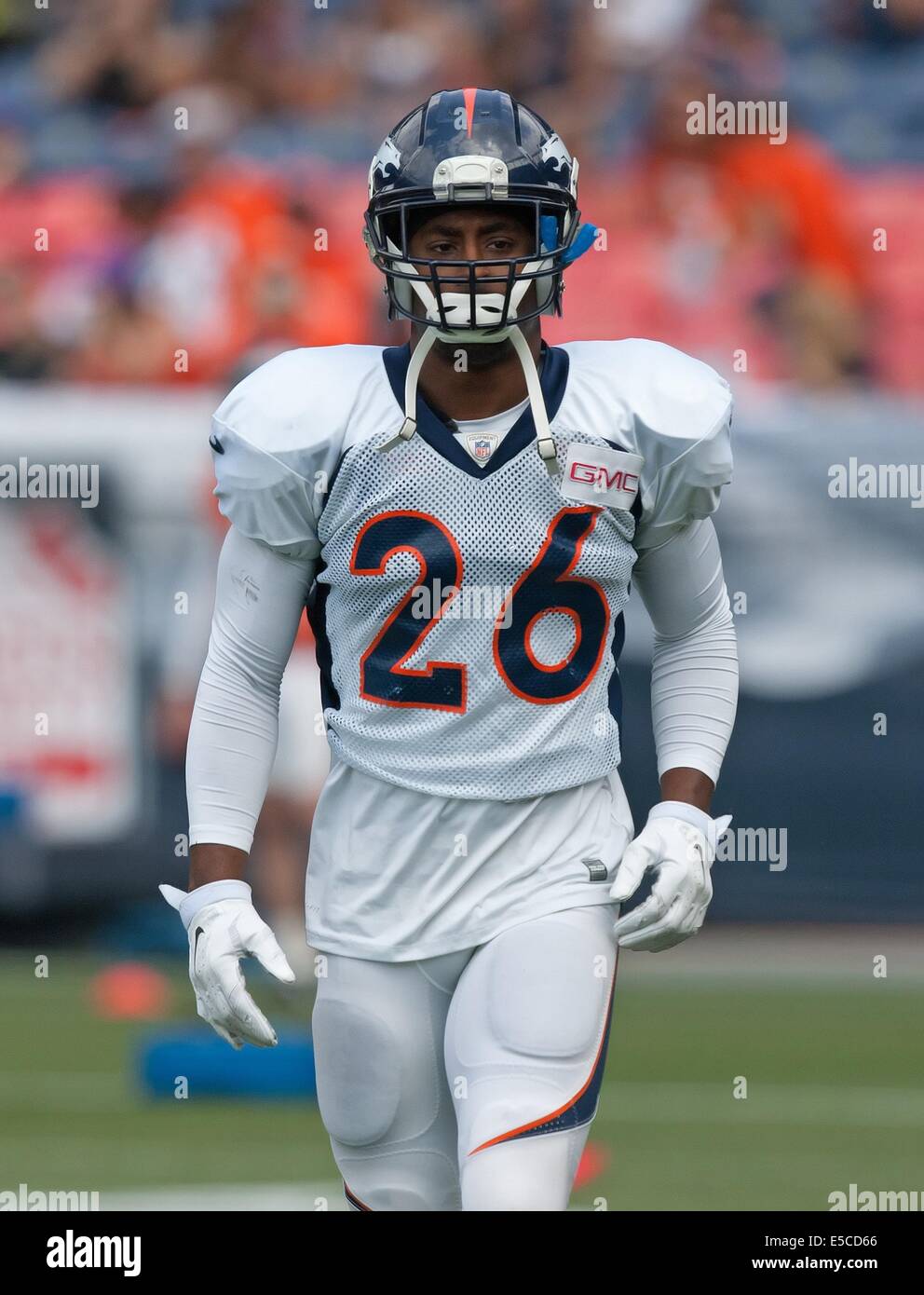 Denver, Colorado, USA. 27th July, 2014. Broncos S RAHIM MOORE readies ...