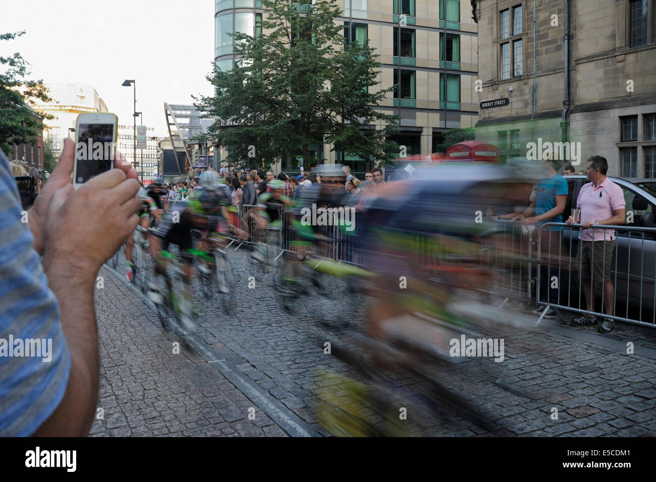 Sheffield Grand Prix, city centre bicycle race, blurred racers ...