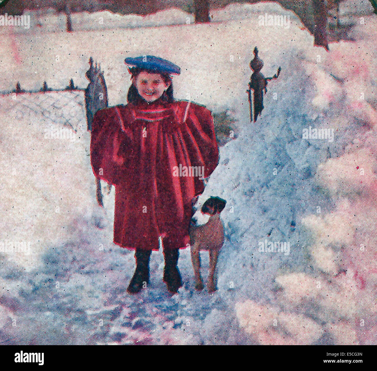 Midwinter days - Child playing in the snow, circa 1900 Stock Photo - Alamy