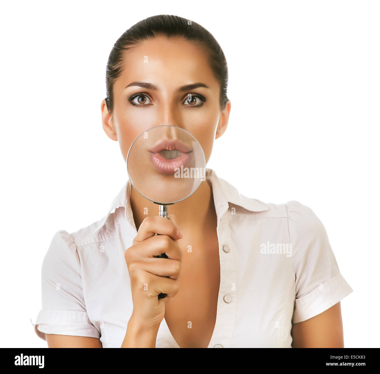 beautiful woman with magnifying glass on white background Stock Photo ...