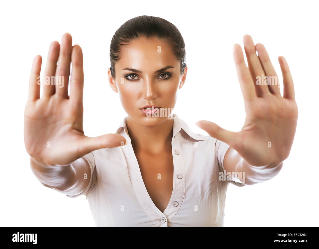 businesswoman says stop on white background Stock Photo - Alamy