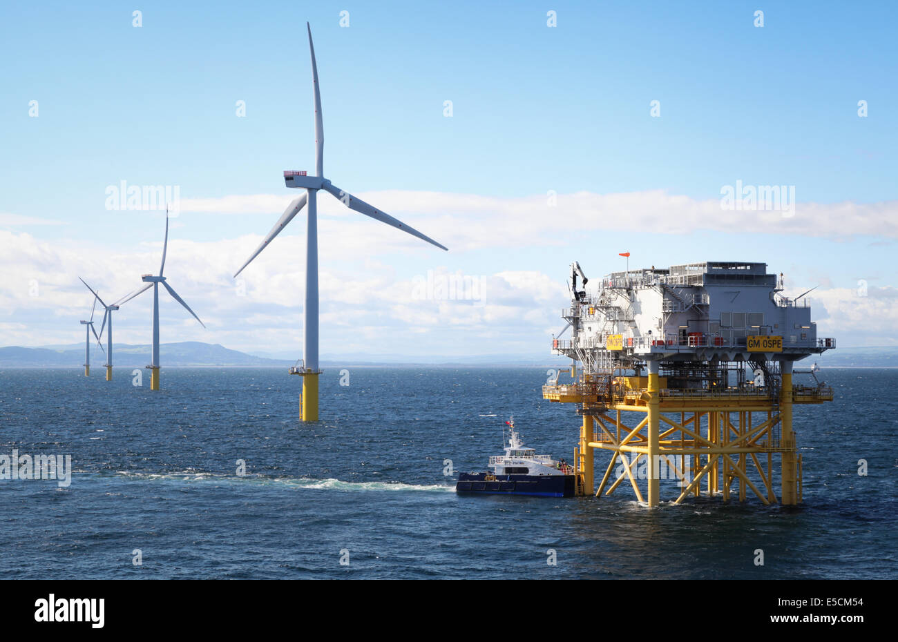 Wind turbines on the Gwynt y Mor Wind Farm off the coast of North Wales ...