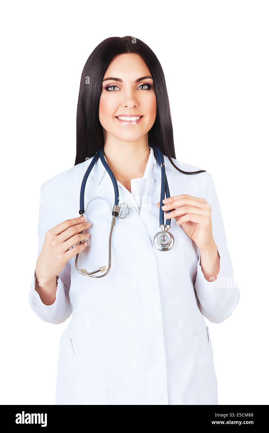 smiling cute doctor with stethoscope on white background Stock Photo ...
