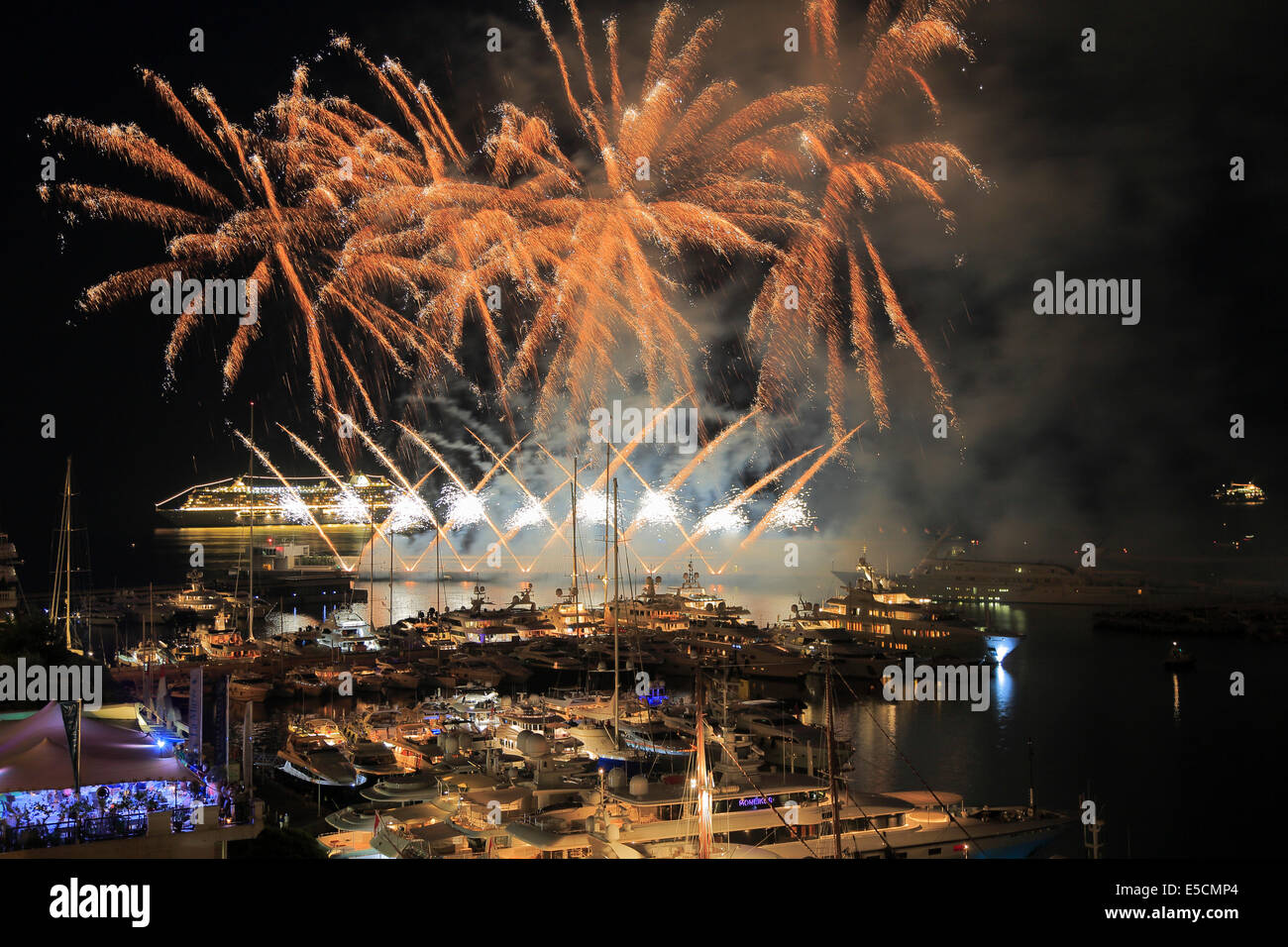 Fireworks over Port Hercule with yachts and cruise ship, fireworks ...