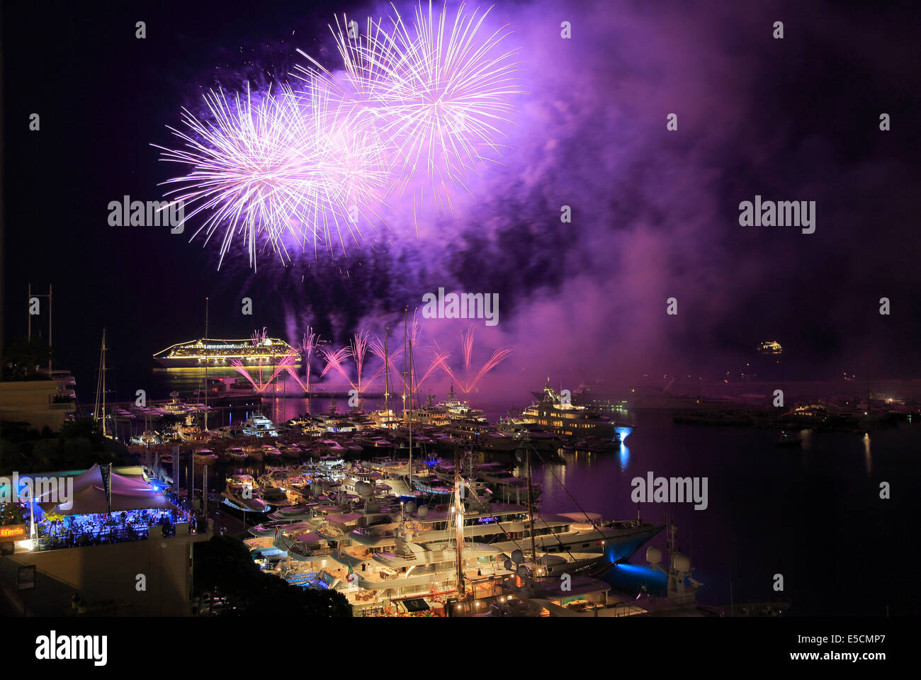 Fireworks over Port Hercule with yachts and cruise ship, fireworks ...