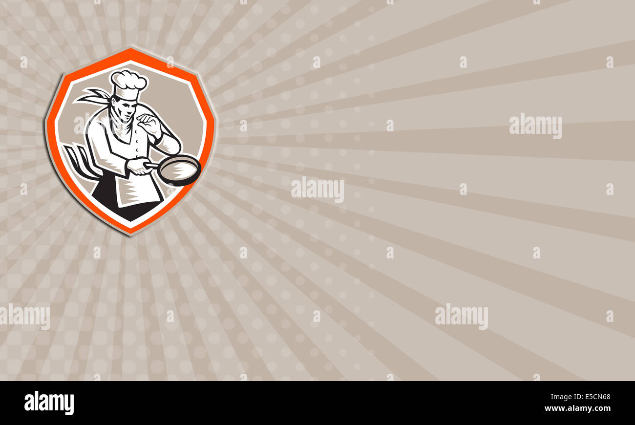 Business card showing illustration of a chef cook holding frying pan ...