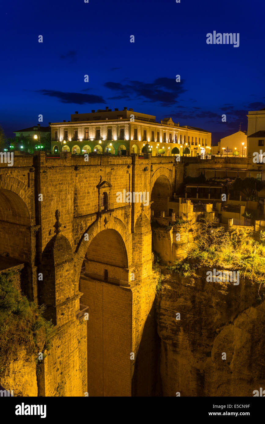 El Puente Nuevo bridge at night, Ronda, Malaga province, Andalucía ...