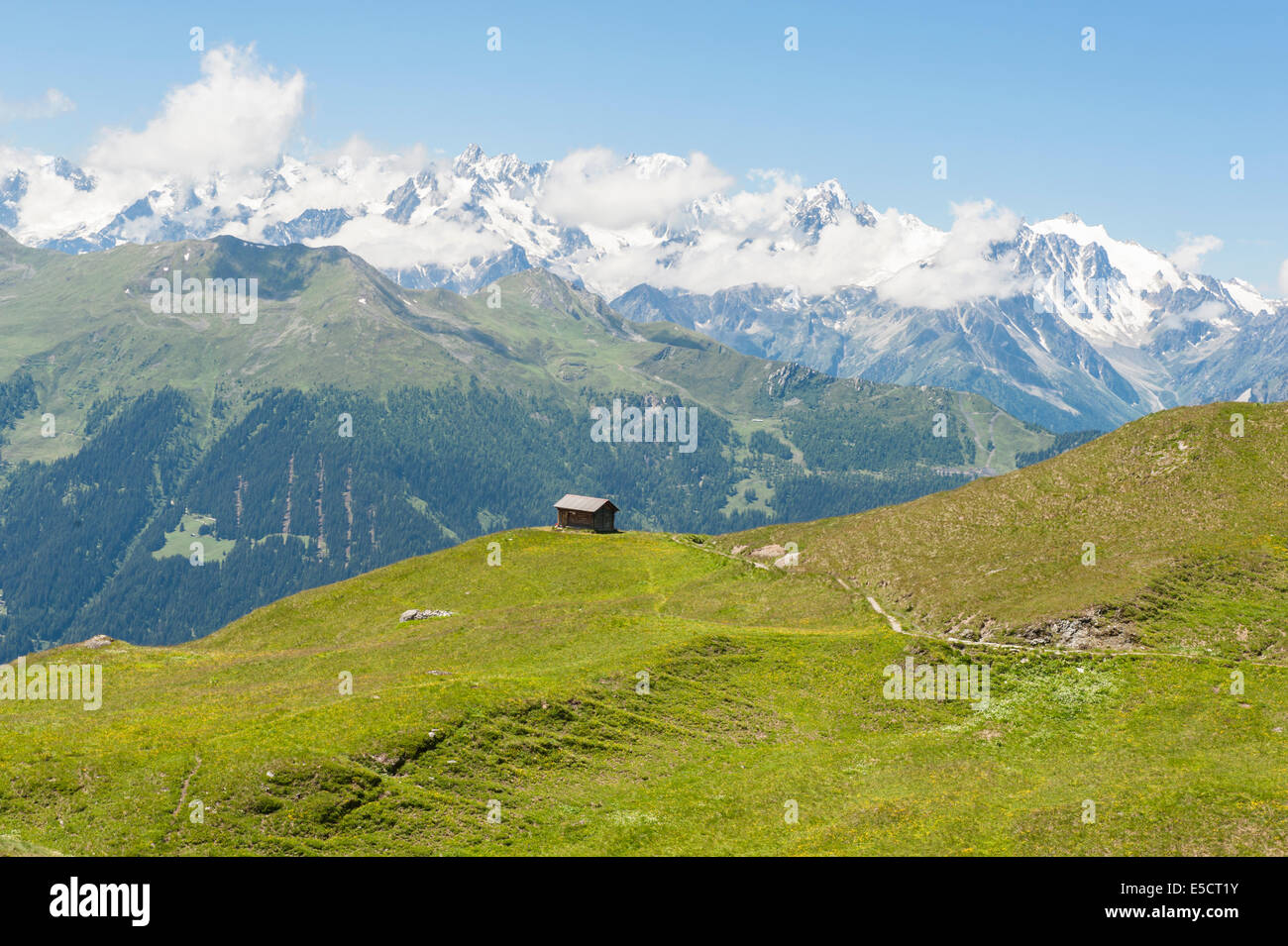Mountain landscape with alpine pastures between La Chaux and Ruinettes ...