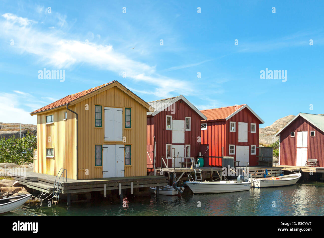 Colorful wooden fishing huts in the town of Smögen, Bohuslän, Västra ...