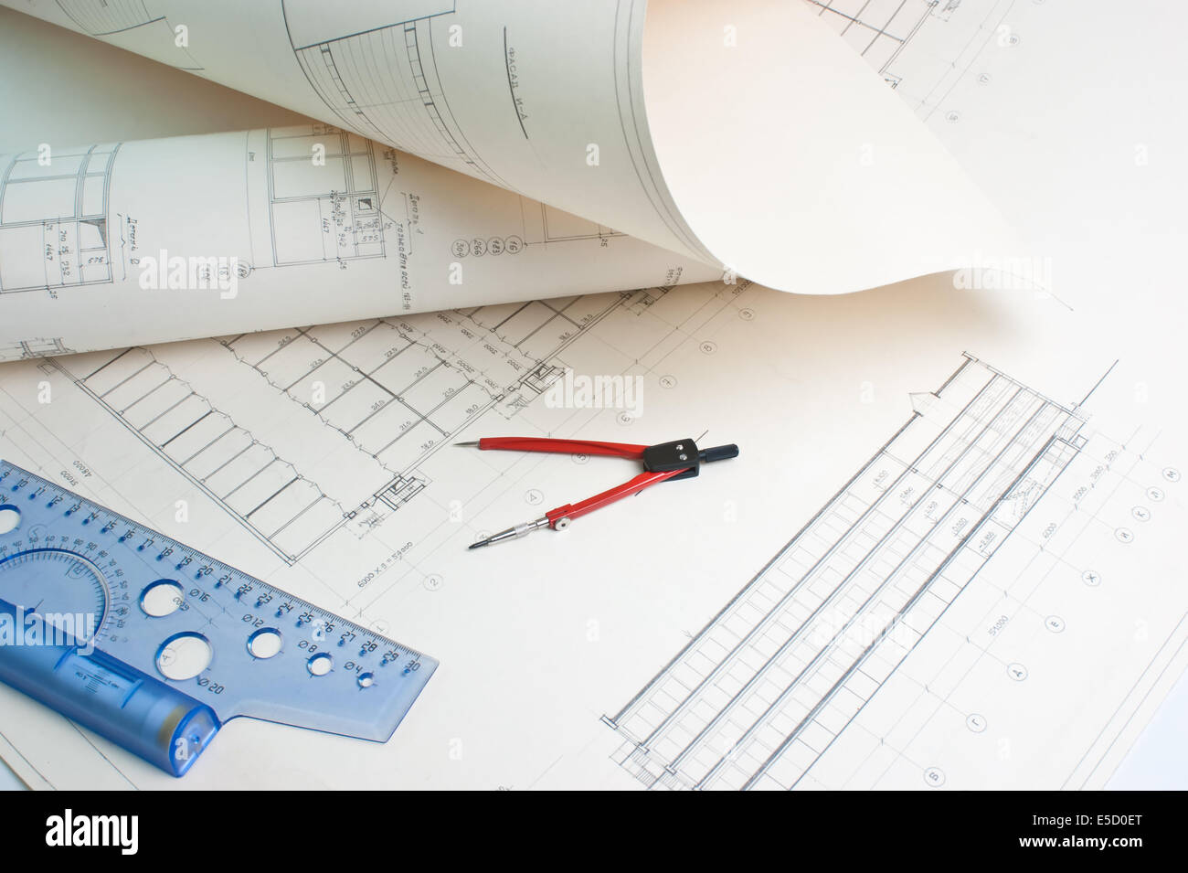 Old architectural drawing with a ruler and compass Stock Photo - Alamy