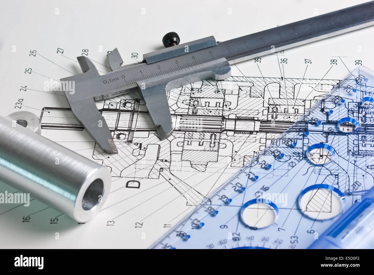 mechanical scheme and calipers with details Stock Photo - Alamy