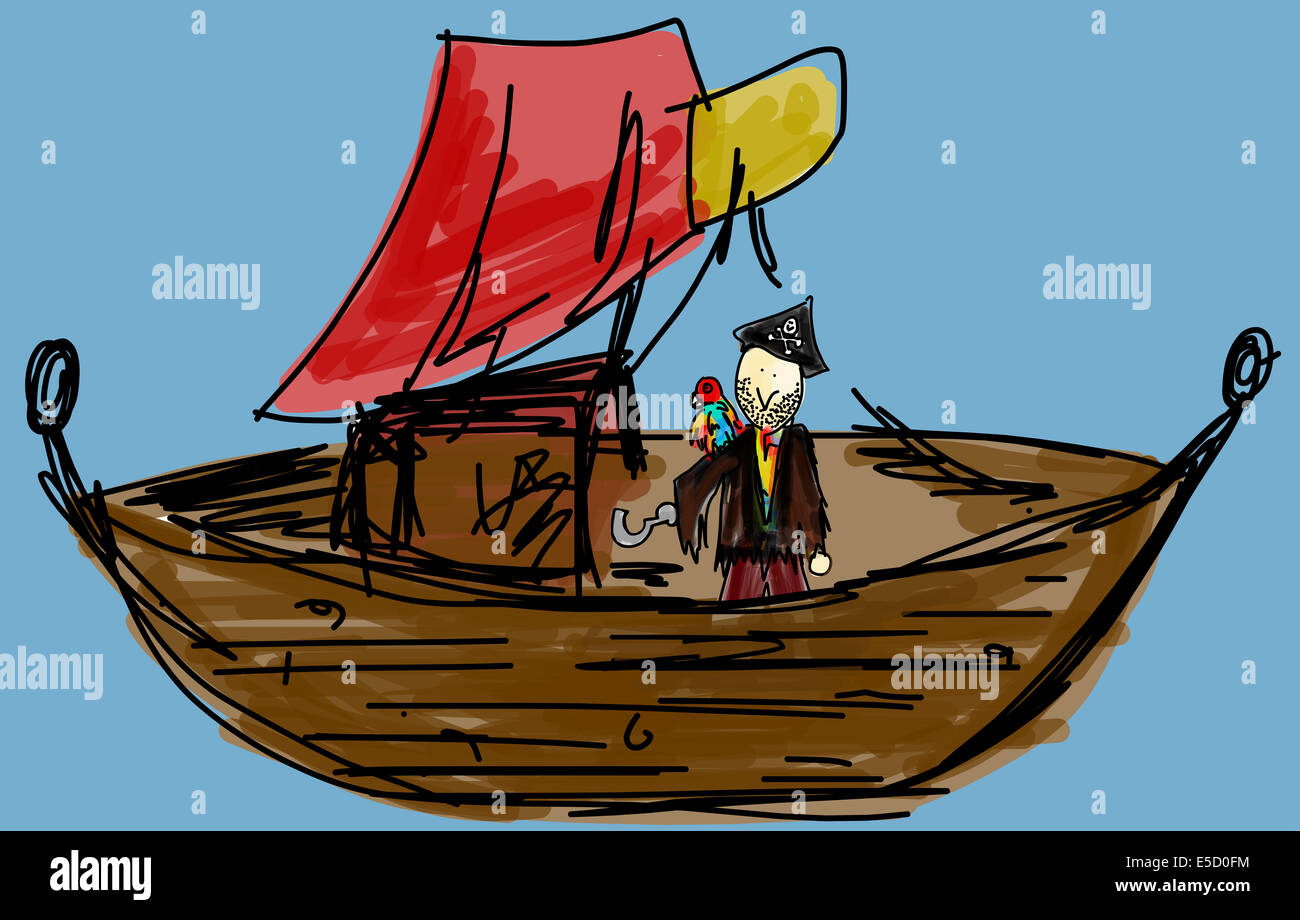 Illustration of a pirate and his ship Stock Photo - Alamy