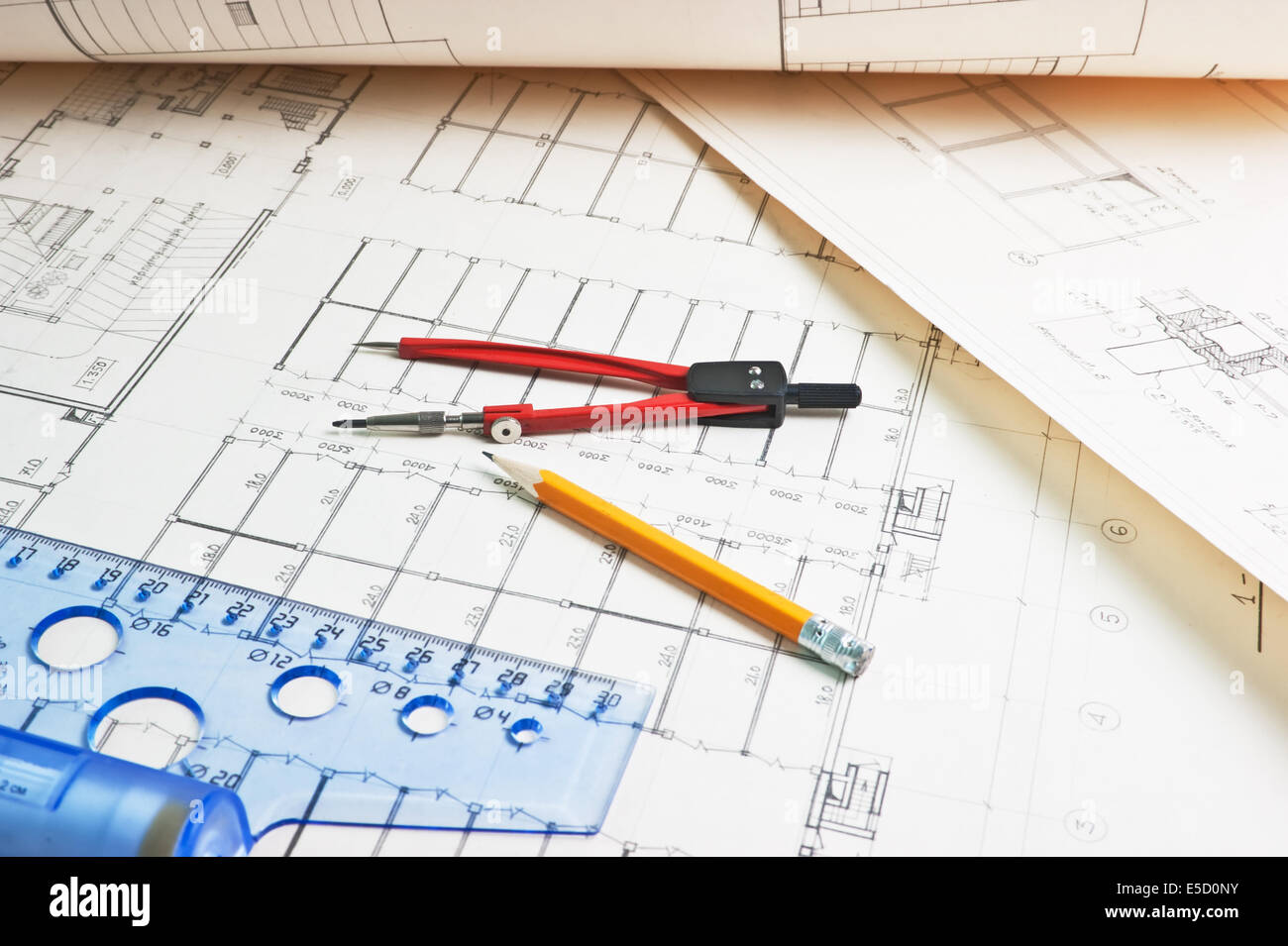 Old architectural drawing with a ruler and compass Stock Photo - Alamy
