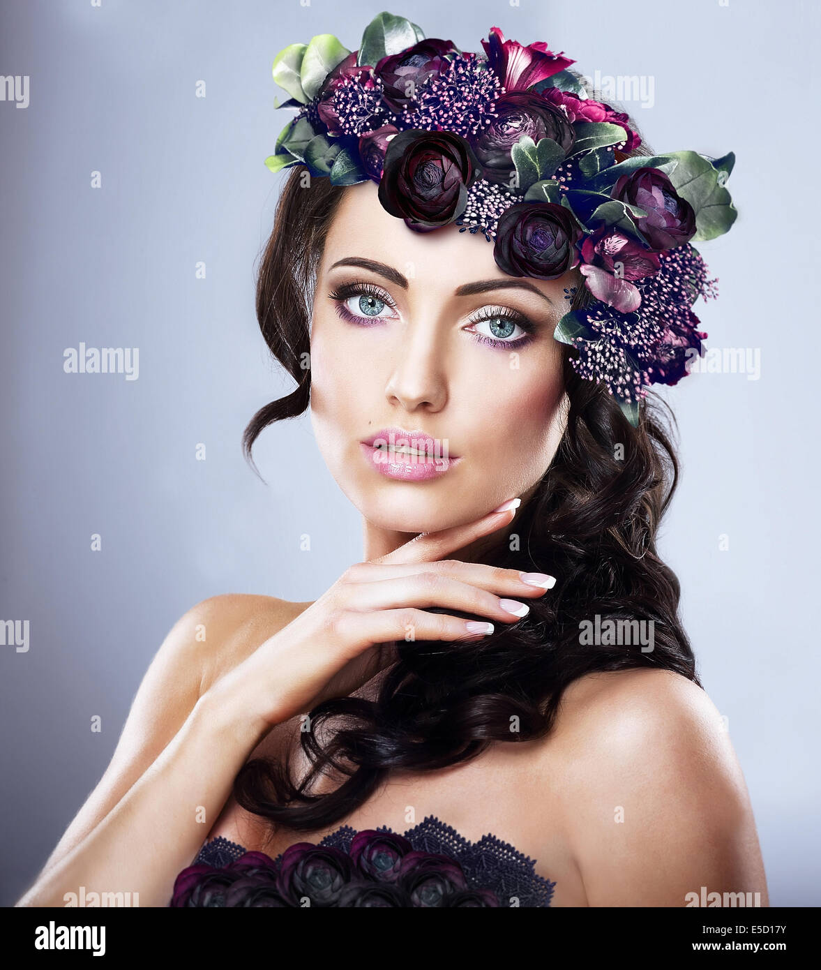 Valentine. Woman in Colorful Wreath of Flowers Stock Photo - Alamy