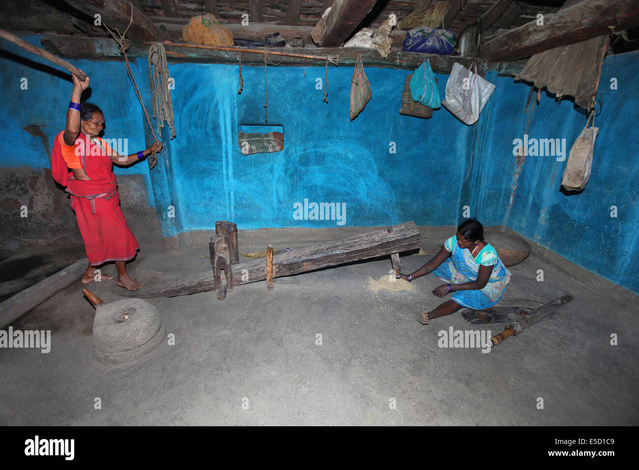Dheki, (a traditional wooden rice thrasher). Baiga tribe, Karangra ...