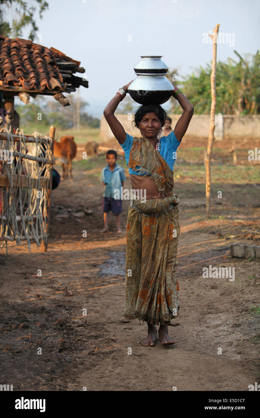 Tribal woman carrying utensils on her head, Baiga tribe, Karangra ...