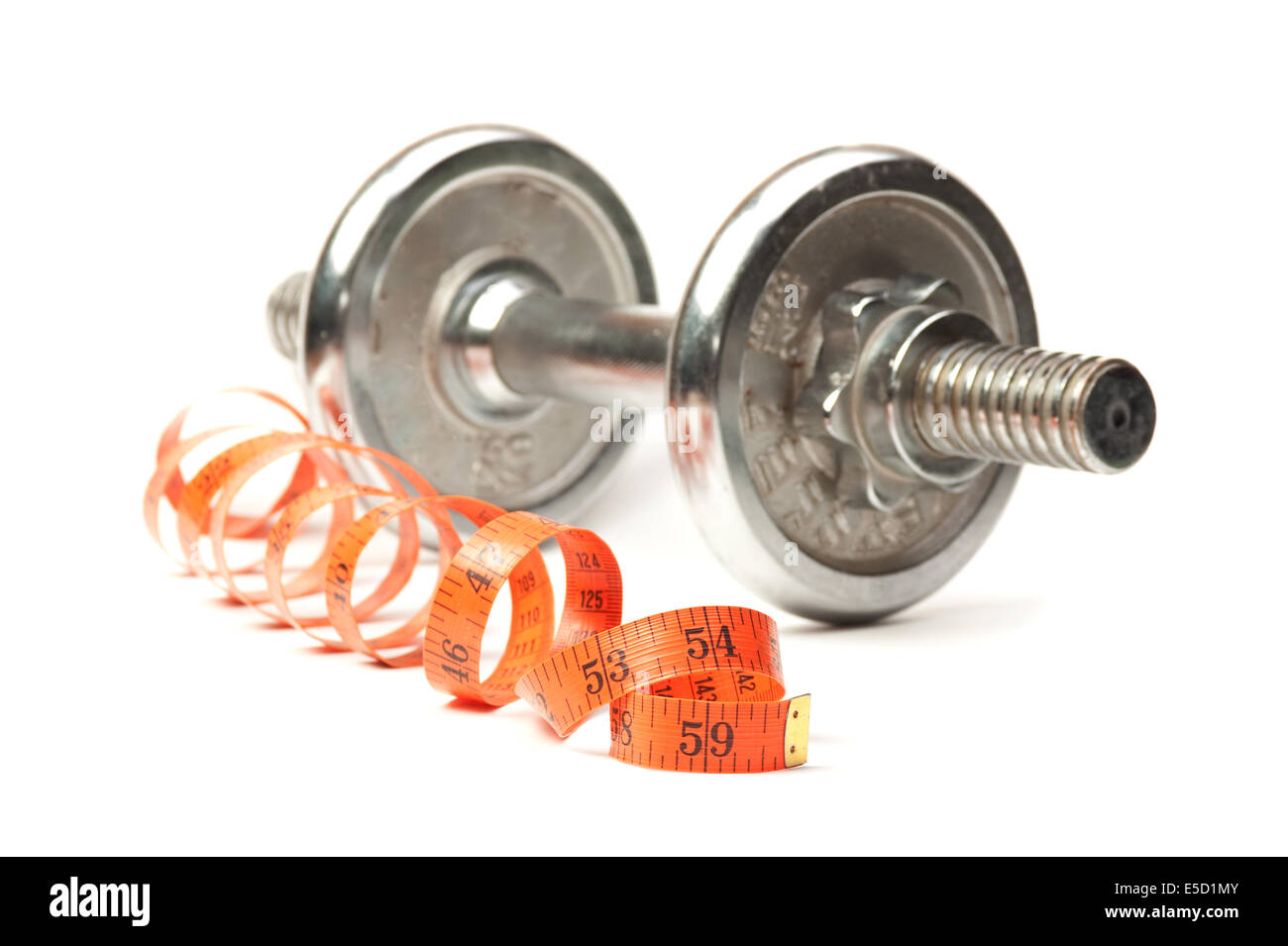dumbbell and measuring tape isolated on white Stock Photo - Alamy