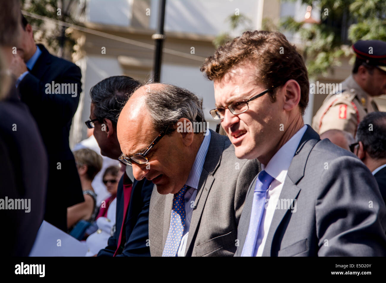 Gibraltar. 28th July, 2014. Former Chief Minister of Gibraltar Peter Caruana sat next to ...