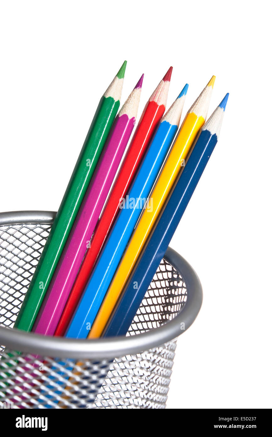 colored pencils in basket isolated on a white background Stock Photo ...