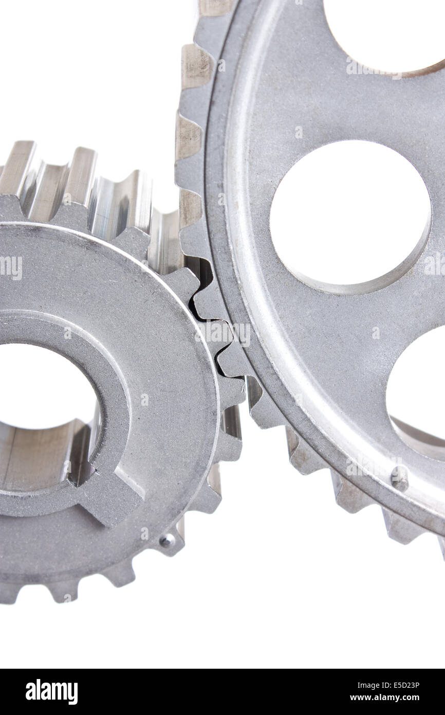 two gear coupled isolated on white background Stock Photo - Alamy