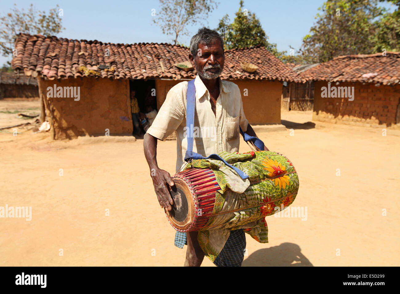 Tribal man playing traditional musical instrument Dholak or drums ...