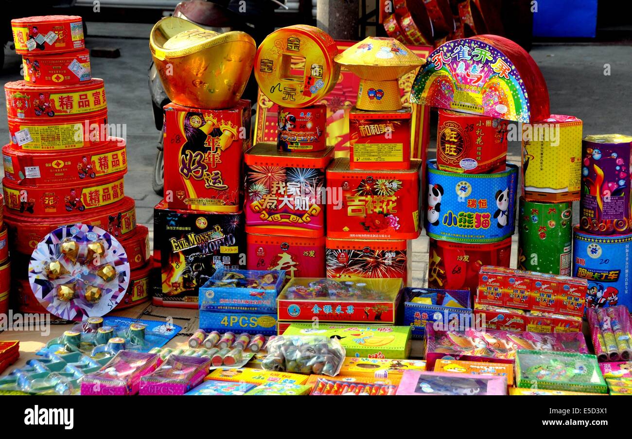 Jun Le, China: Display of fireworks sold at a vendor booth for Chinese ...