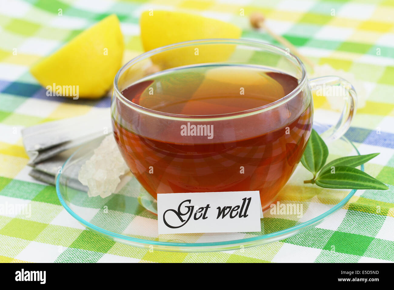 Get well card with cup of tea and lemon Stock Photo - Alamy