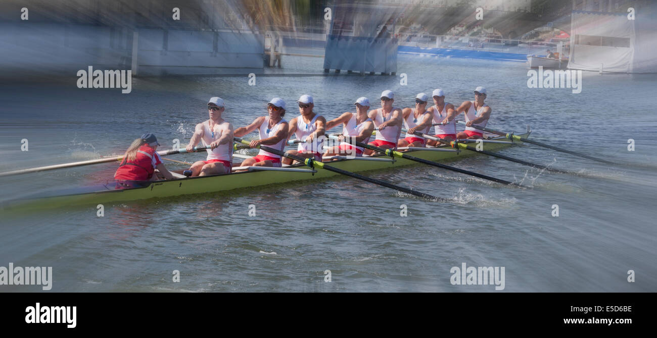 rowers eight working as a team on the river. They need teamwork power ...