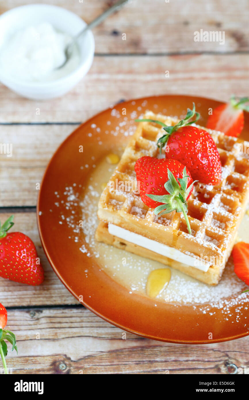 square waffles with butter cream, food closeup Stock Photo - Alamy