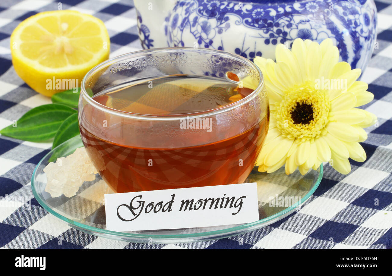 Good morning card with cup of tea and cream gerbera daisy Stock Photo ...