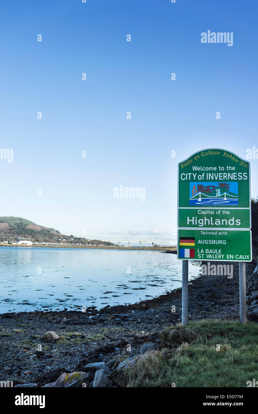 City of Inverness welcome sign on Beauly Firth in Scotland Stock Photo ...