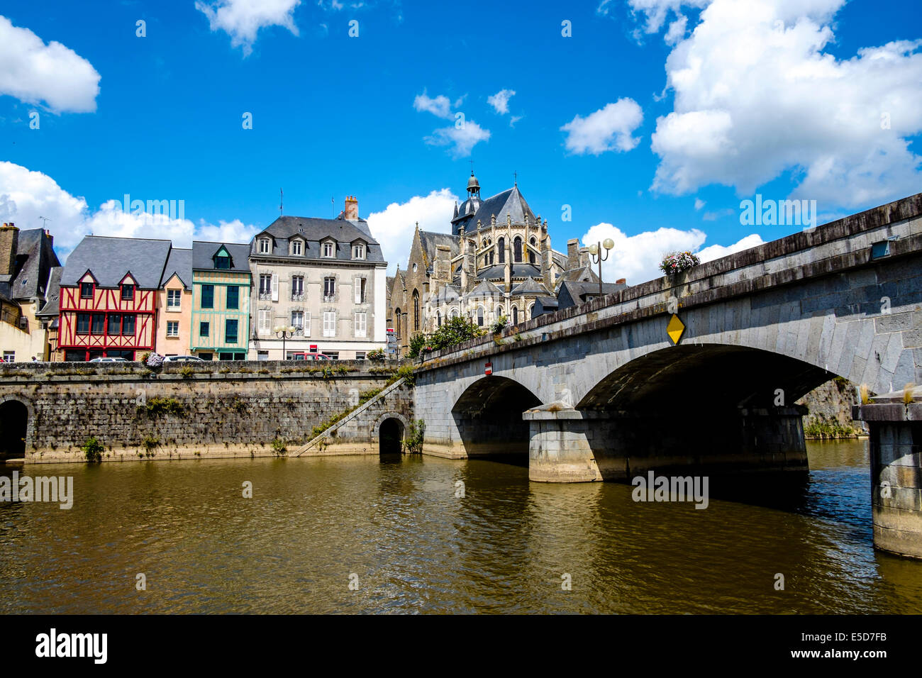 Bridge over the Mayenne river with the Cathedral beyond, Mayenne ...