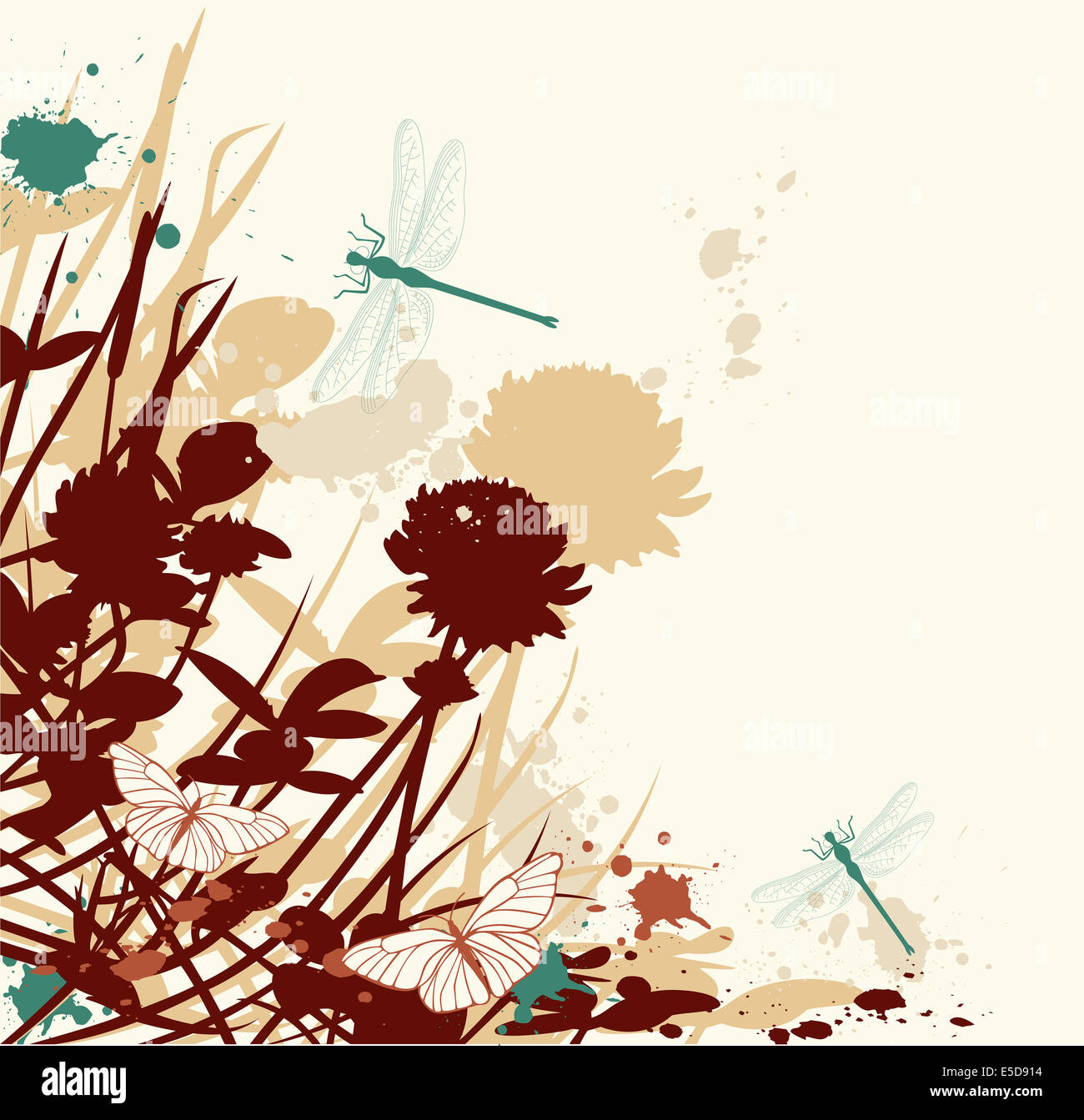 retro floral background with clover and dragonfly Stock Photo - Alamy