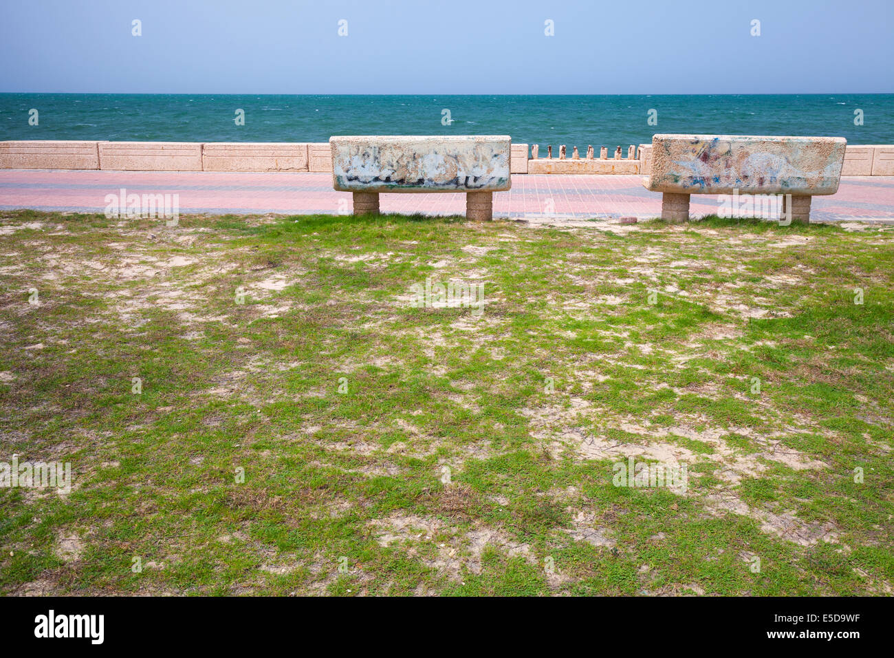 Stone benches on the coast of Persian Gulf in Saudi Arabia Stock Photo ...