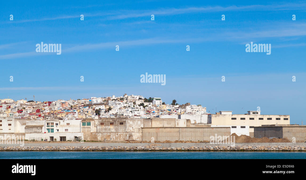 Old Tangier town and port, panorama with blue sky, Morocco, Africa ...