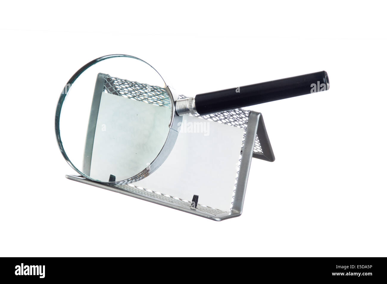 holder for business cards and magnifying glass isolated on white ...