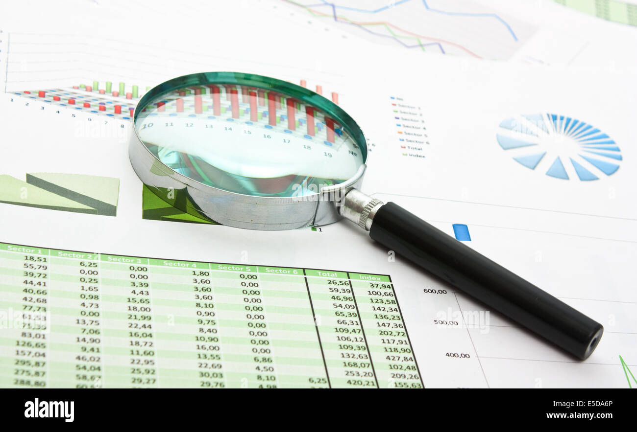 pen, magnifying glass and the working paper with a diagram Stock Photo ...