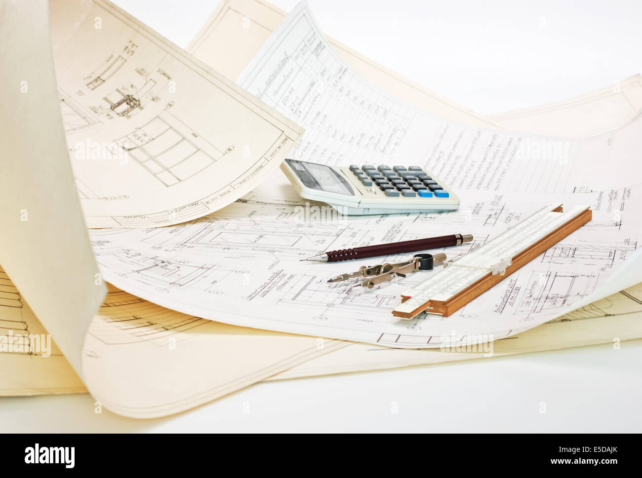 old technical drawings and slide rule Stock Photo - Alamy