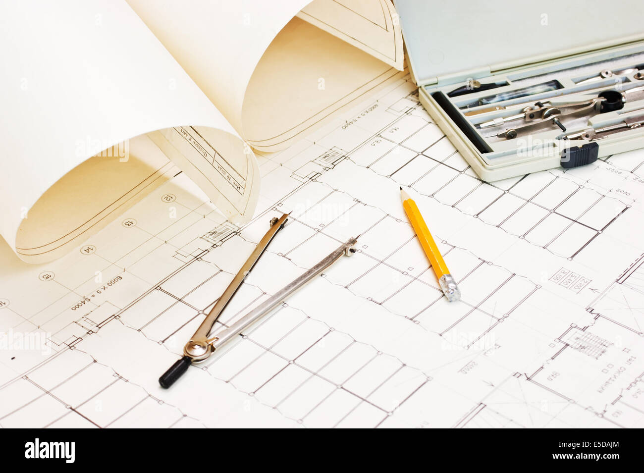 old technical drawings and slide rule Stock Photo - Alamy